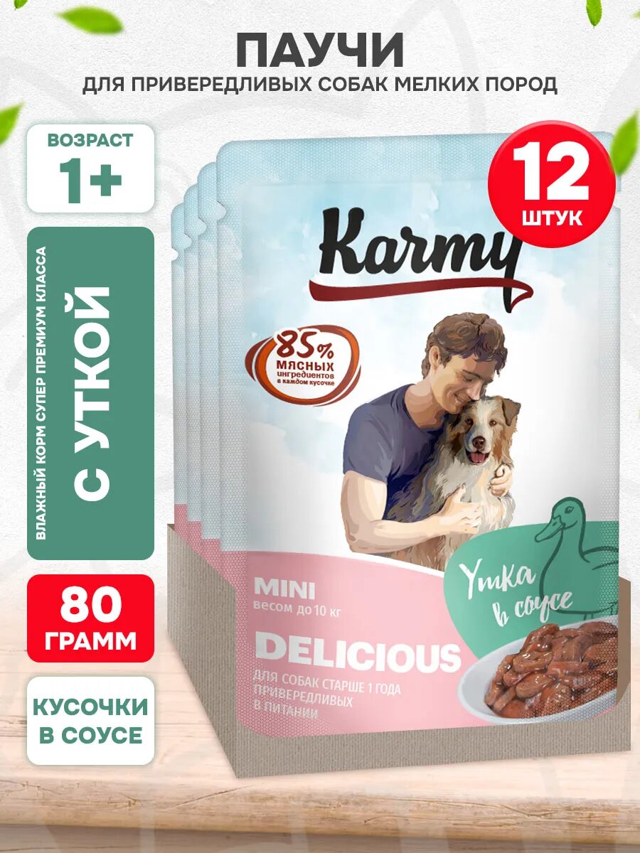 Корм влажный Karmy Delicious Mini для привередливых взрослых собак мелких пород, утка в соусе, 80 г х 12 шт