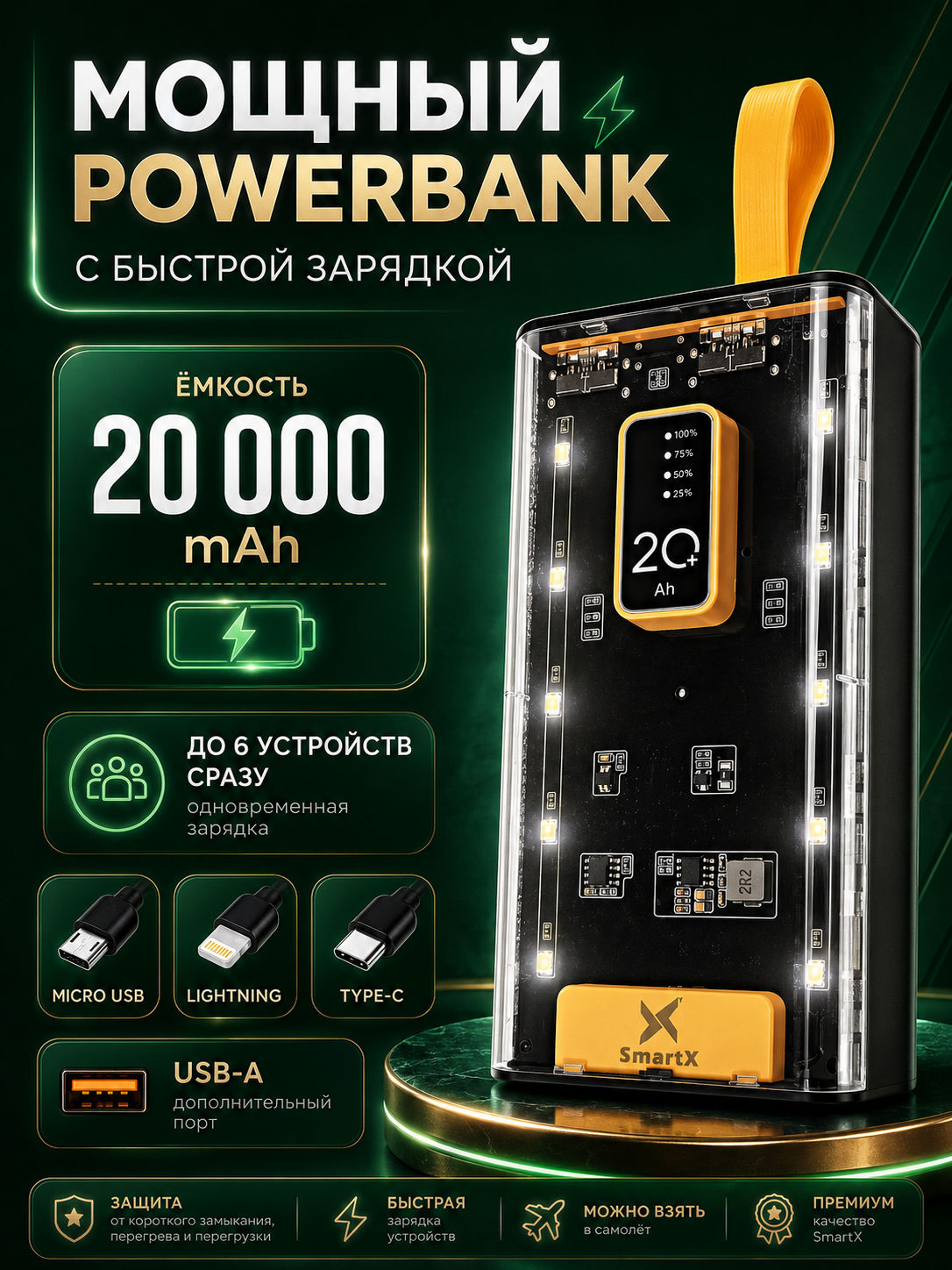 Портативный аккумулятор POWER BANK 20000 mAh, Портативная зарядка со встроенными кабелями, Черный