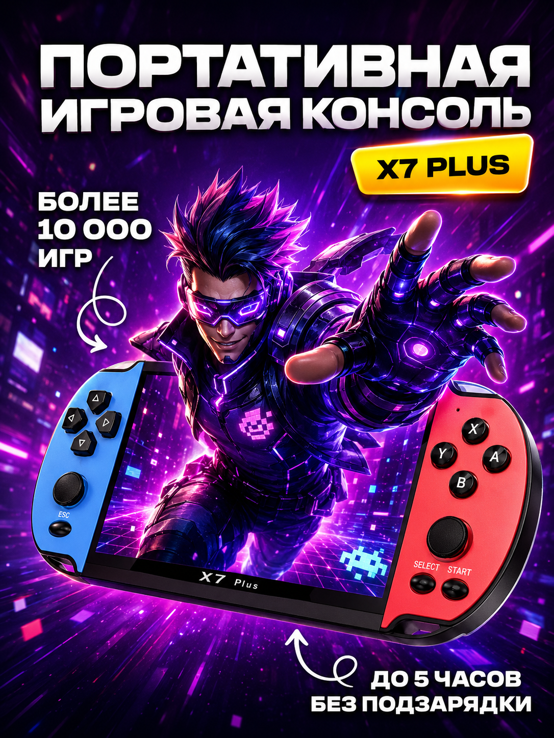 Игровая приставка X7 PLUS, Портативная игровая консоль с 5.1 дюймовым экраном, 1000+ игр, Память 8 гб, Цветной