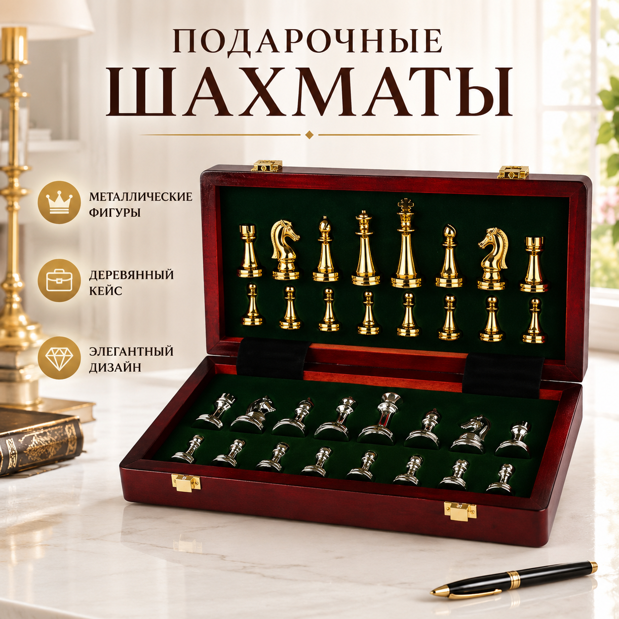 Шахматы "Премиум", металлические, золотого и серебряного цвета