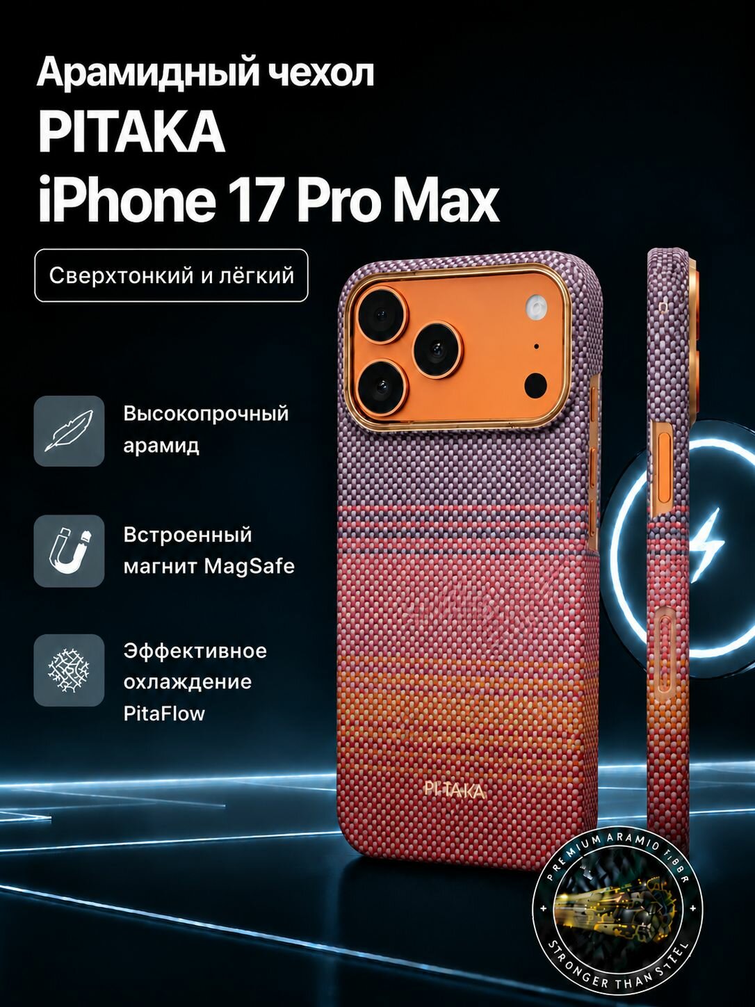 Чехол для iPhone 17 Pro Max с MagSafe, ультратонкий, арамидное волокно, кевларовая текстура, магнитный, защита камеры