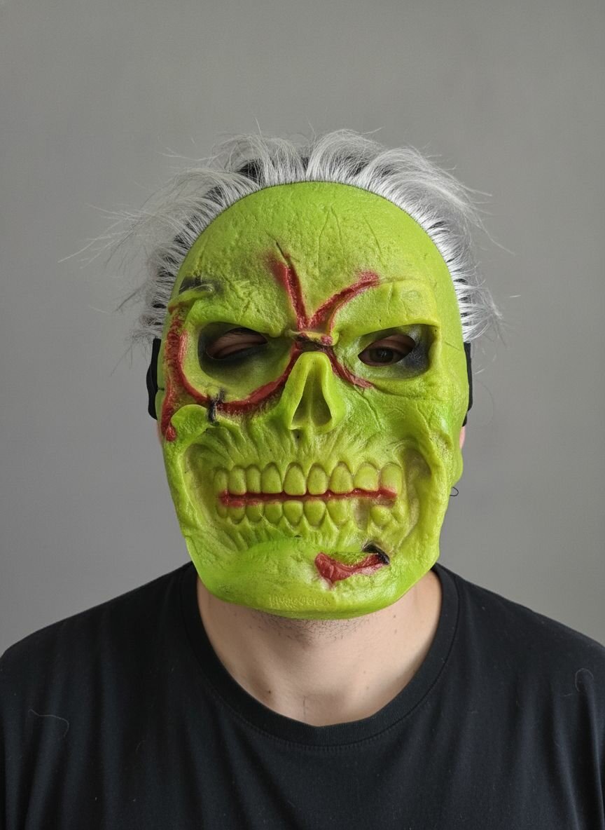Маска на Halloween, Зеленый Человек, латекс, с Белыми волосами, 20х21см