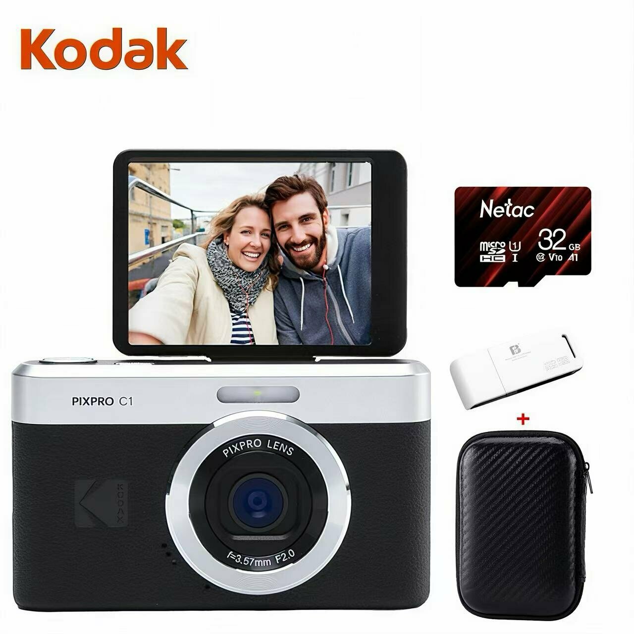 Цифровая камера Kodak C1, HD, ультратонкая, с экраном, 32 GB, комплект с сумкой, чёрный цвет