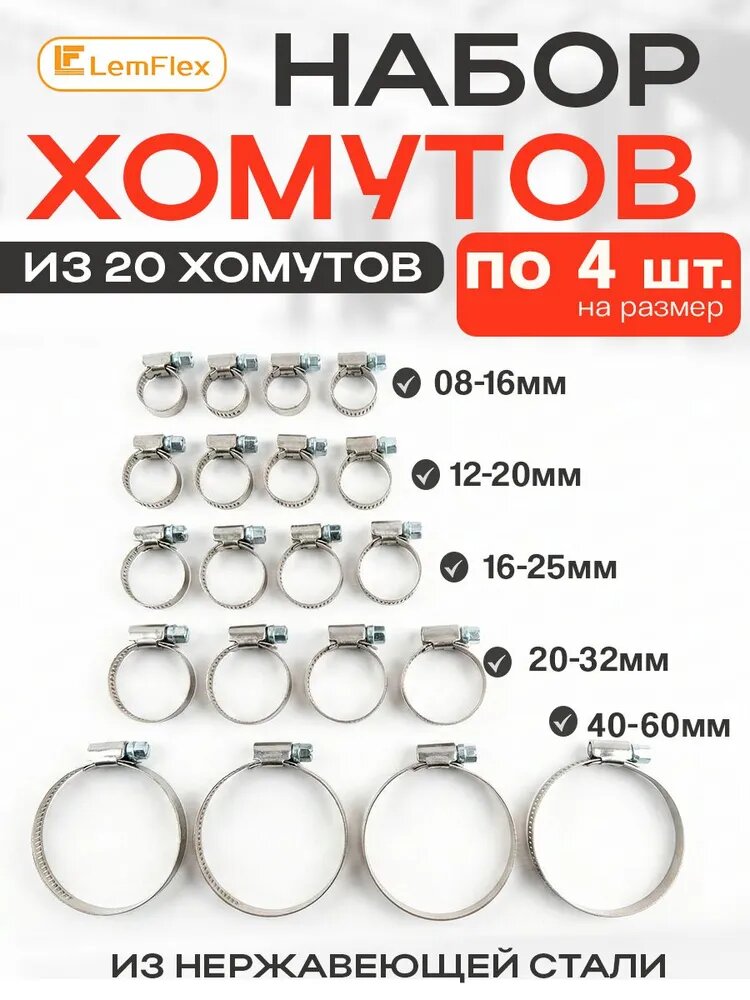 Набор хомутов червячных из 5 размеров: 8-16, 12-20, 16-25, 20-32, 40-60 мм, 20 шт. (хомуты металлические для шланга)