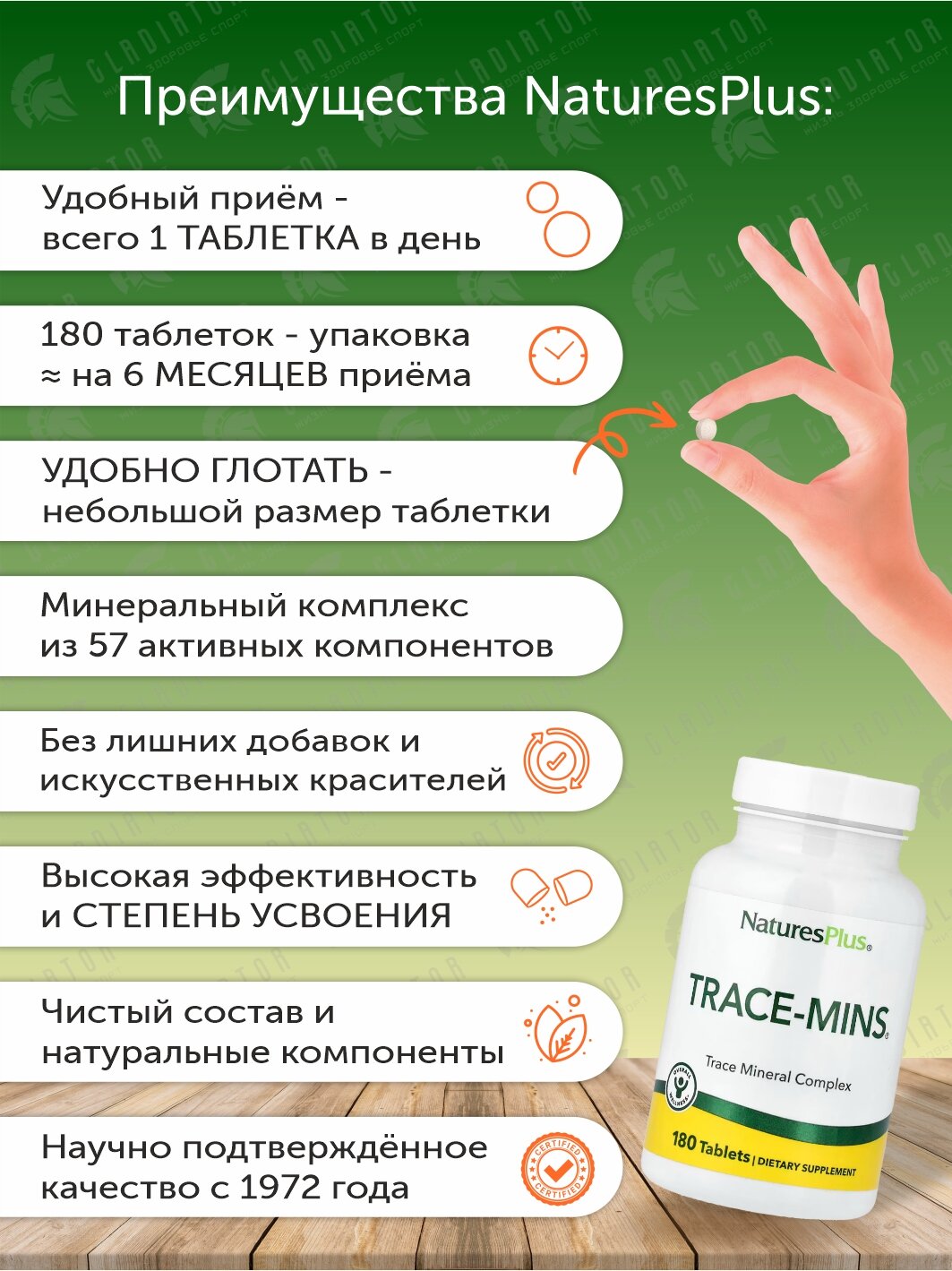 Комплекс микроэлементов Nature's Plus Trace-Mins, 180 таблеток — фото 1