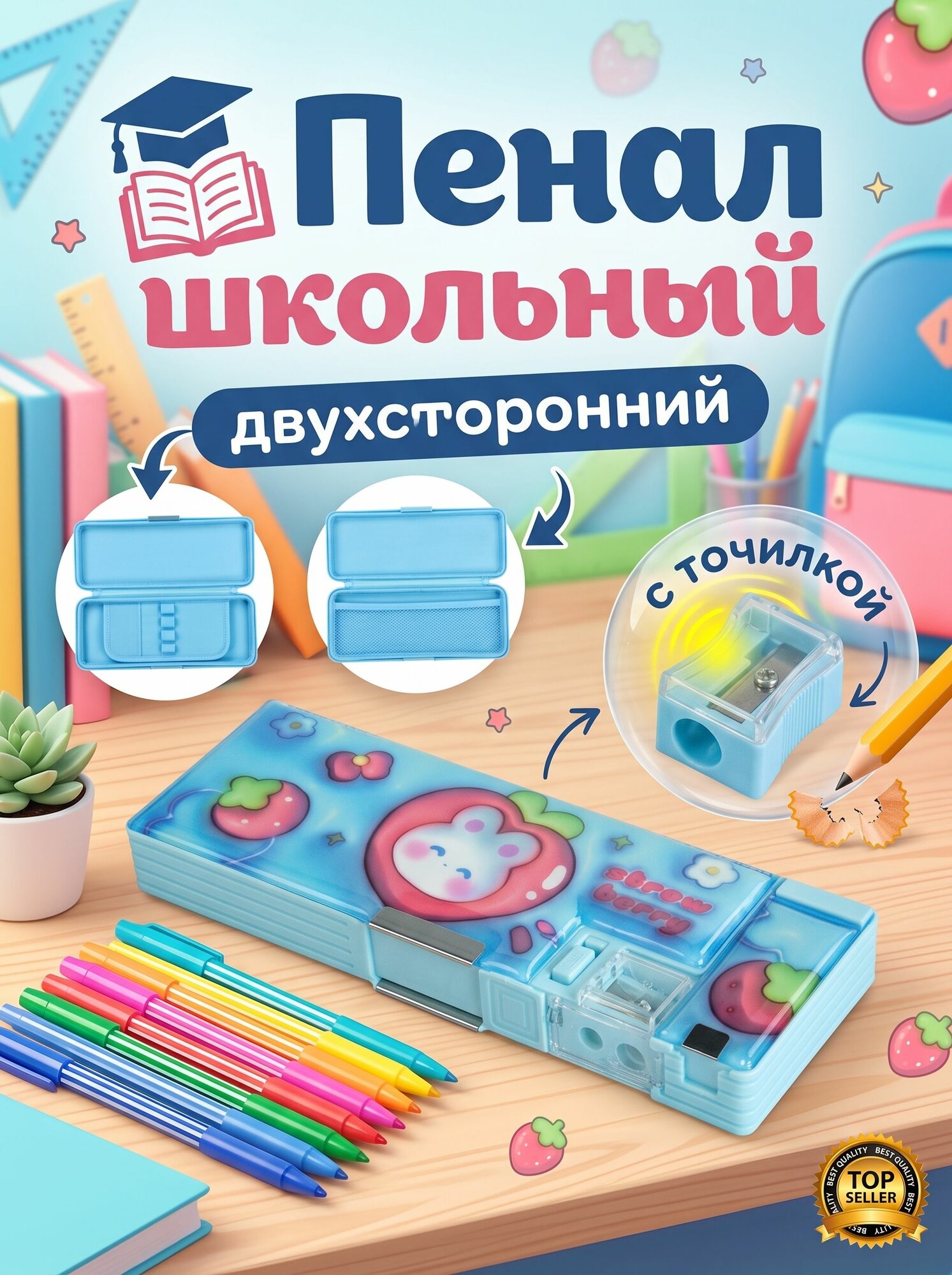 Пенал школьный для девочек, двухсторонний с точилкой