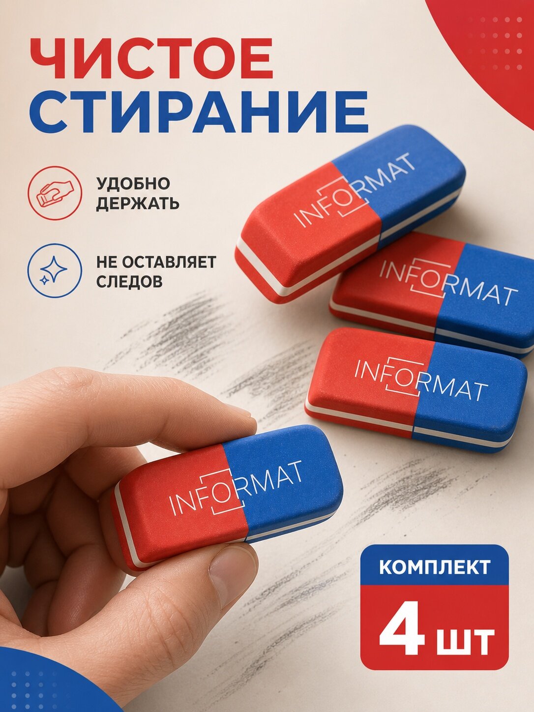Набор ластиков INFORMAT, для карандашей, прямоугольные, 4 шт.