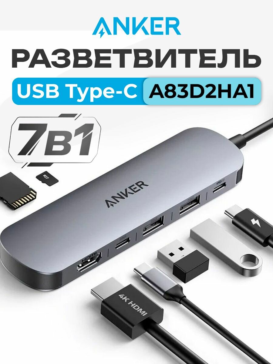 Концентратор 7-port USB Type C Hub Anker Nano A83D2HA1 (7-in-1 4K HDMI)