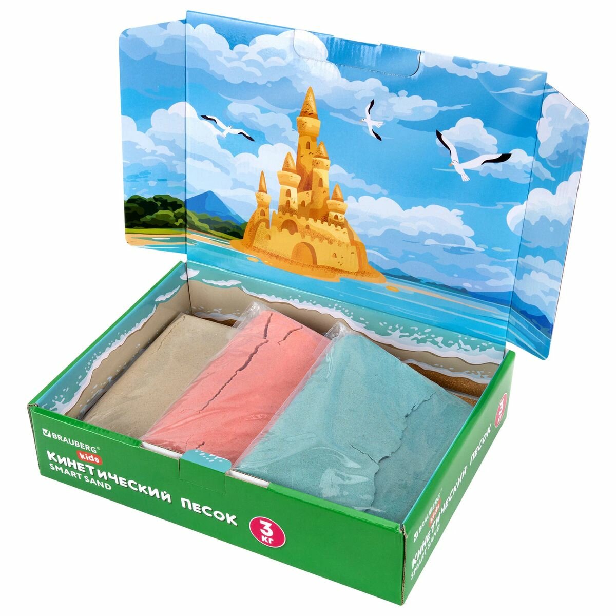 Песок для лепки кинетический Brauberg Kids, 3 цвета, 3000г, коробка-песочница (666009)