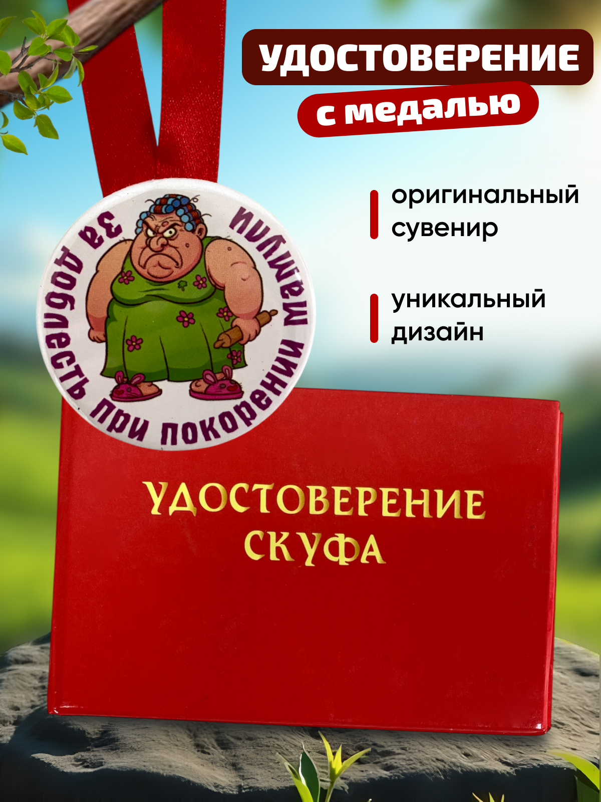 Прикольный набор Шуточное удостоверение "Скуфа" + Медаль "За доблесть при покорении мамули", подарок другу, мужу, парню