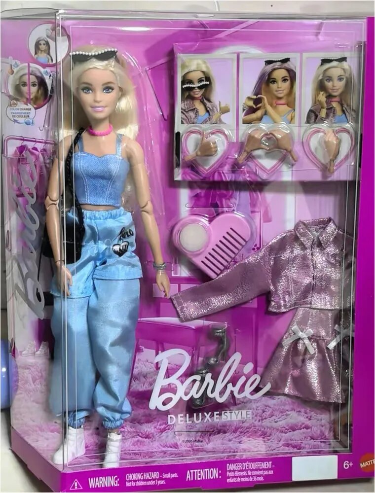 Barbie Deluxe Style Fashion Doll Playset / Модная кукла-наряжалка, включающая в себя 1 куклу и 2 комплекта полных форм и аксессуаров, шарниры куклы можно перемещать, высота около 30 см