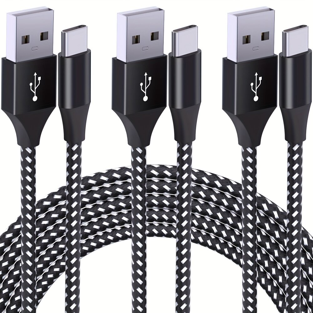 USB Type-C кабель для зарядки USB-A - USB-C, быстрая зарядка, 3 шт, 3 м (10 футов), цвет чёрный и белый, совместим с iPhone 16/15 Pro Max, Samsung и другими Android-смартфонами