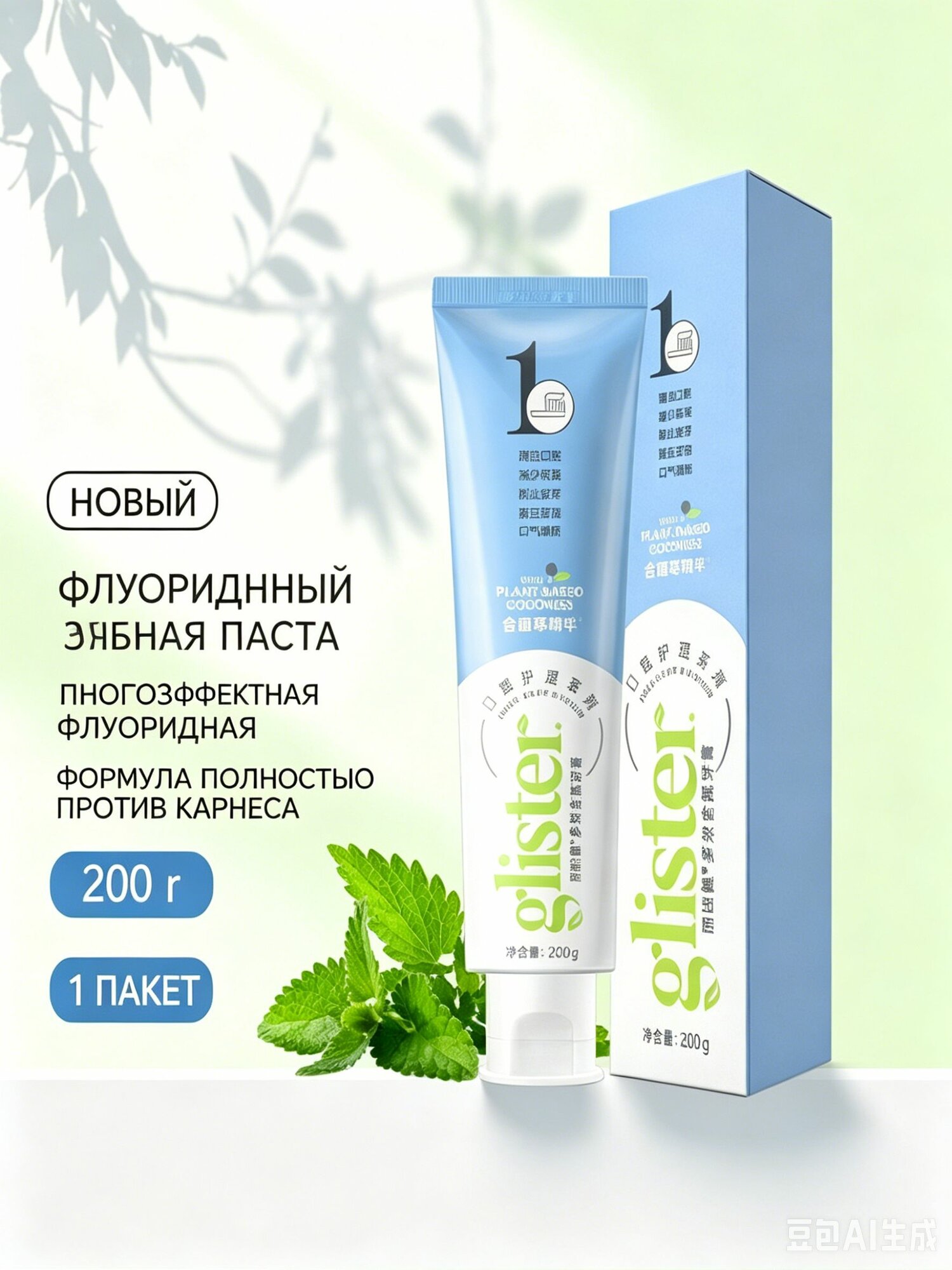 Мятная зубная паста Glister с фтором и экстрактом белого чая, 200 г