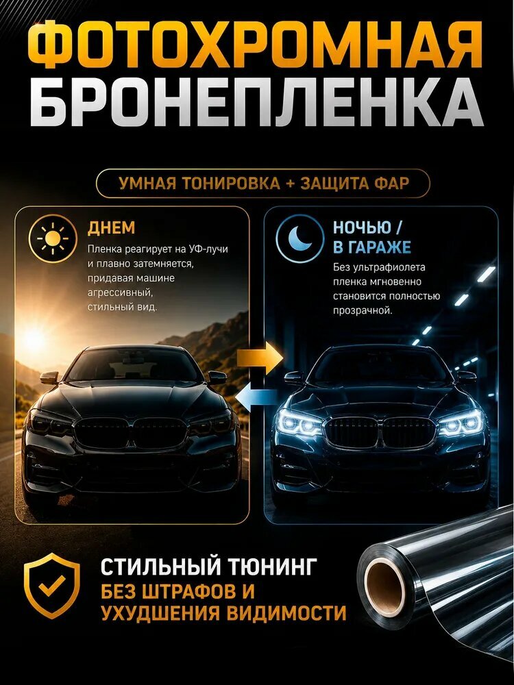 Фотохромная пленка полиуретановая с автозатемнением для оклейки и бронирования фар автомобиля, 30х150 см 150*30 День Ночь Фотохромная пленка из полиуретана
