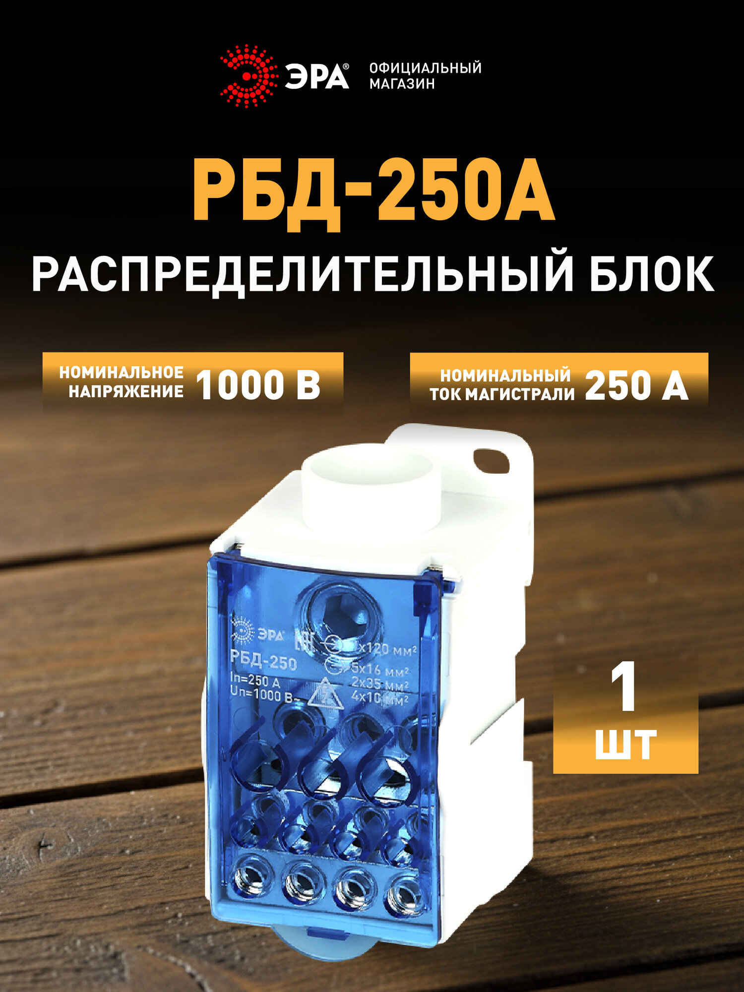 Блок распределительный ЭРА РБД-250А на DIN-рейку и монтажную панель, 1 штука