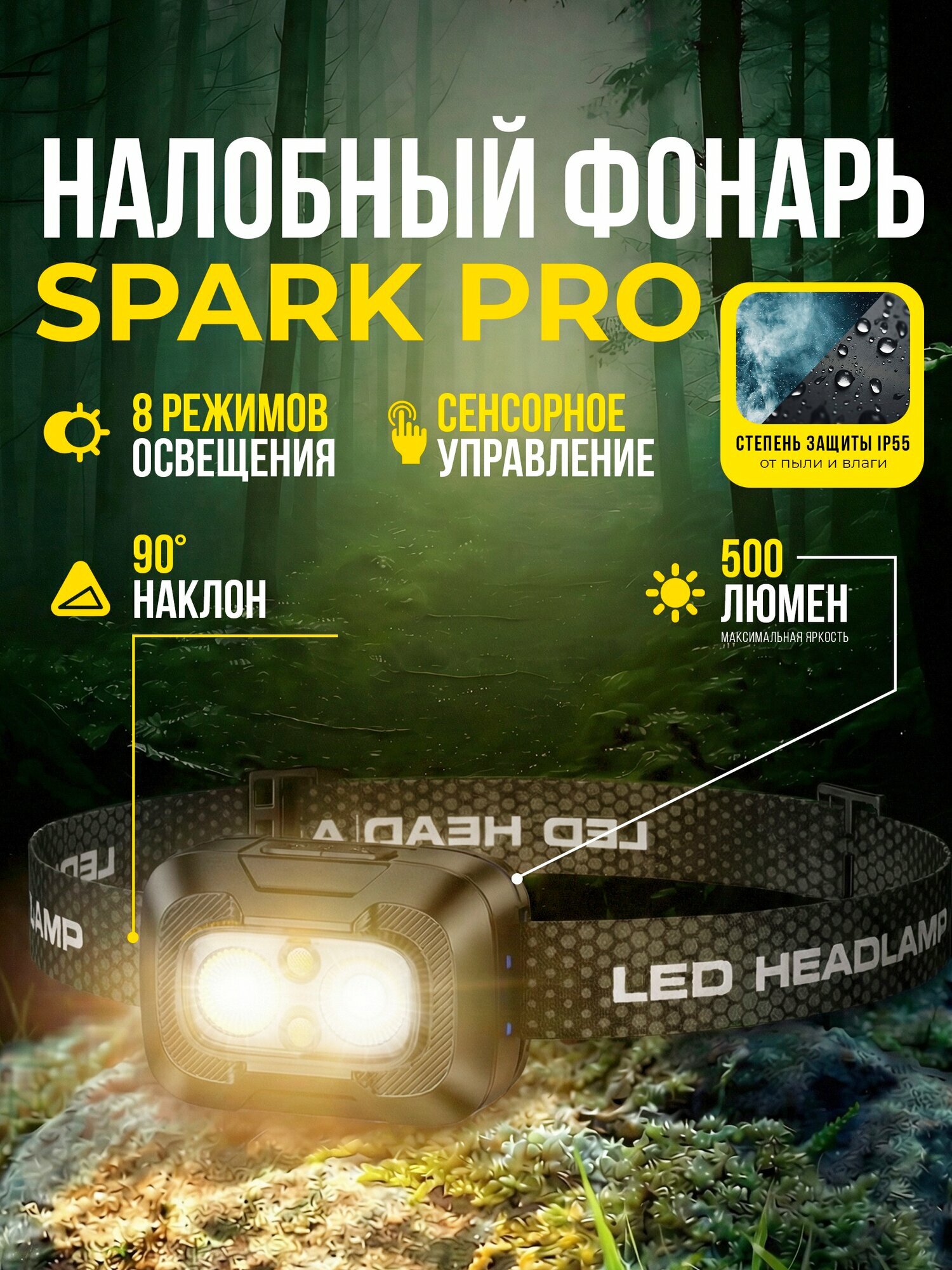 Налобный светодиодный фонарь Spark Pro Black (емкость 1500 мАч | мощность 5 Вт | световой поток 500 Лм)