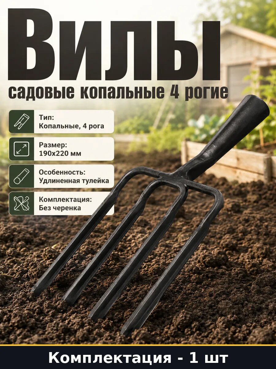 Вилы садовые копальные 190х220 мм 4 рогие удлиненная тулейка