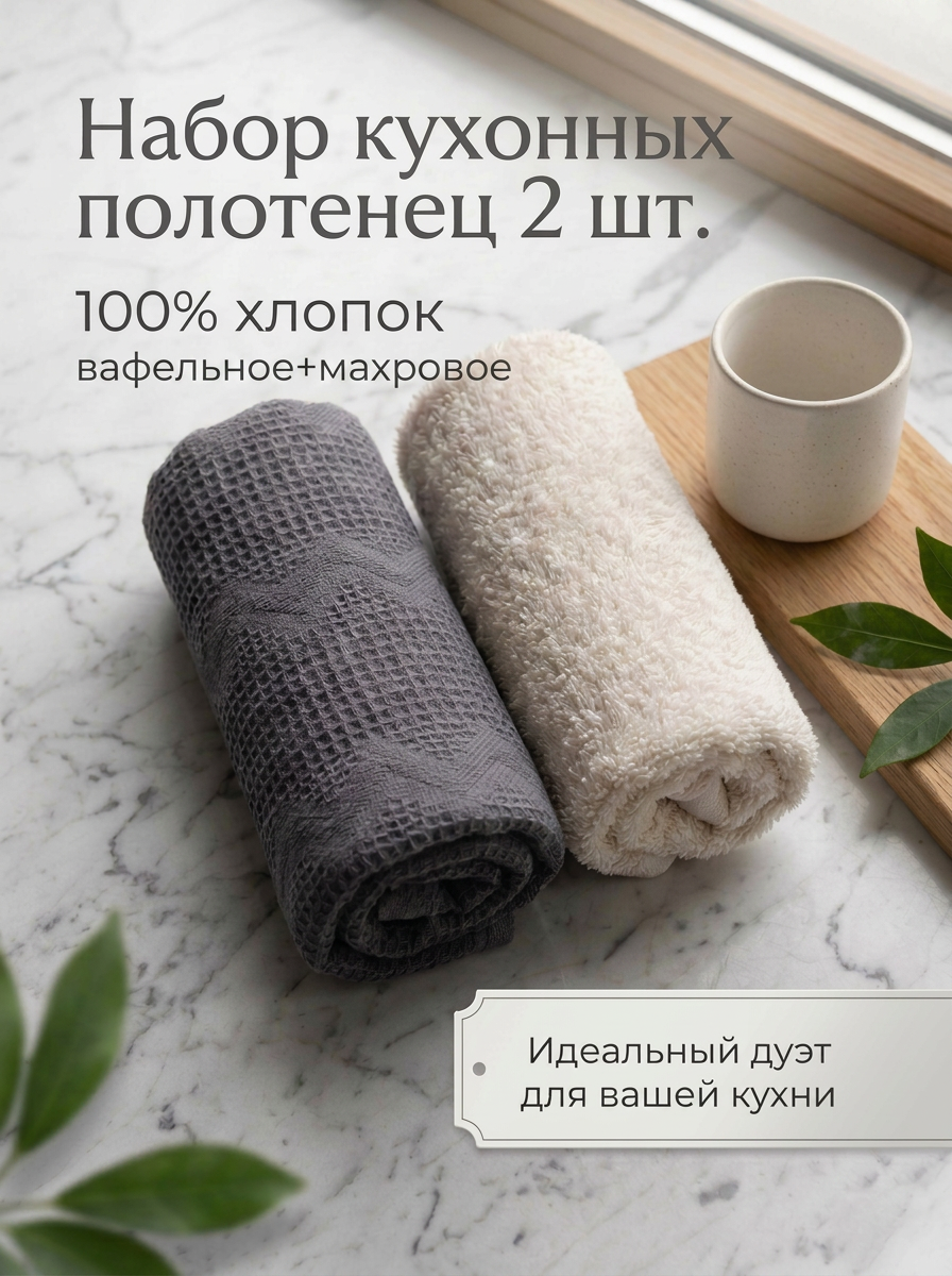 Полотенце кухонное, набор 2шт, 30*50 (махровое+вафельное)