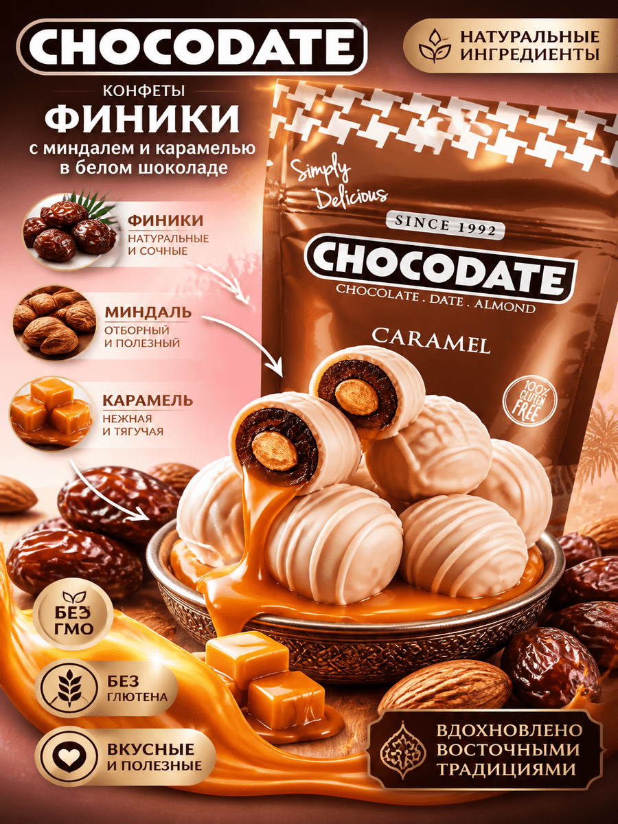 Конфеты Chocodate финики с миндалем и карамелью, 100г