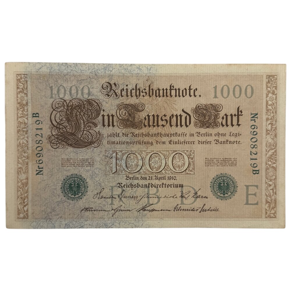 Германская империя 1000 марок 1910 г. (Зелёные печати) (Литера E) (Серия B) (7-значный номер)