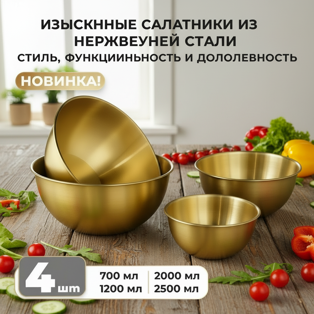 Комплект мисок Shiny Kitchen 2.5 литра золото нержавейка 4 штуки