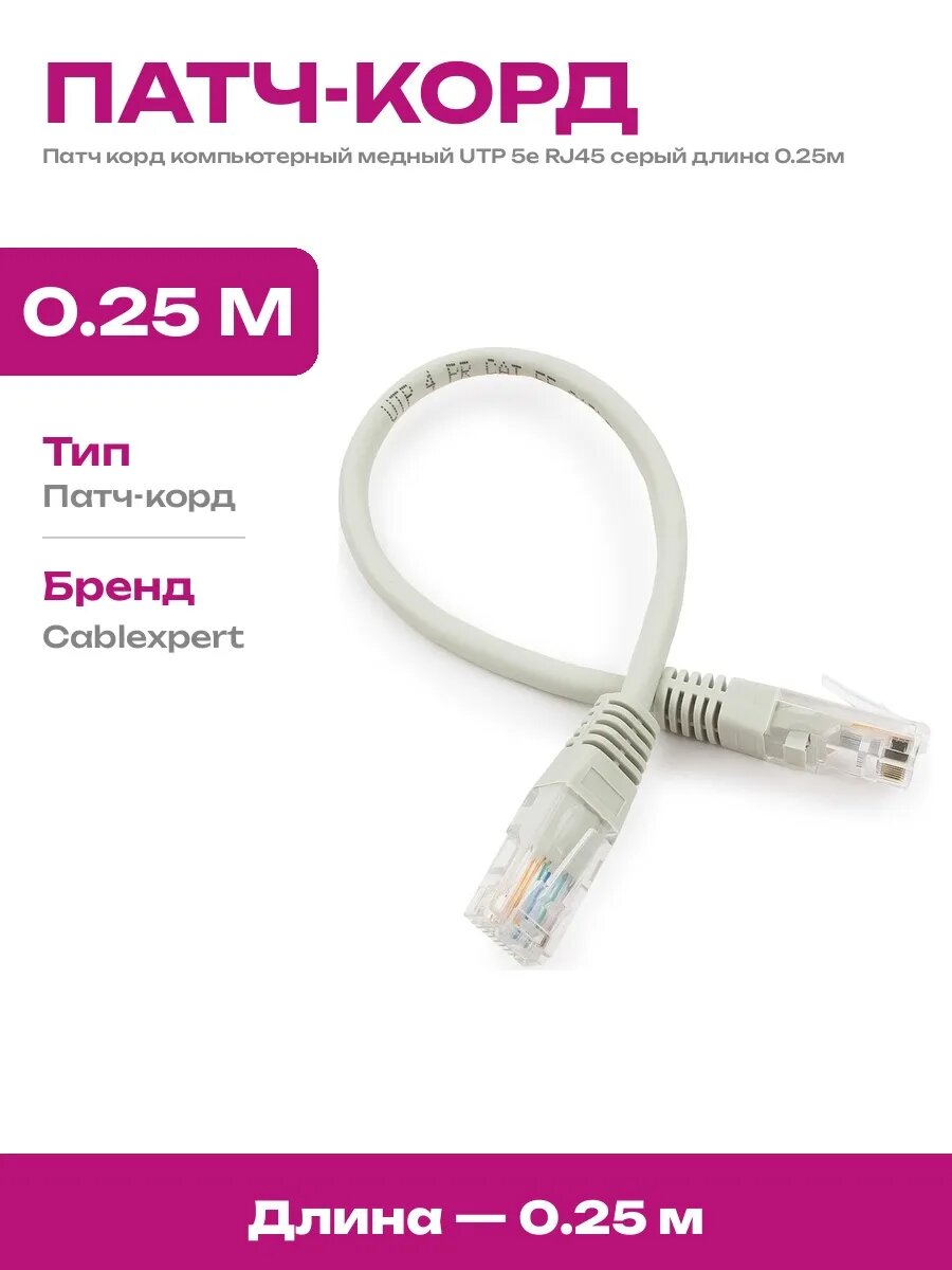 Соединительный кабель 0.25м UTP 5e медный патч корд серый