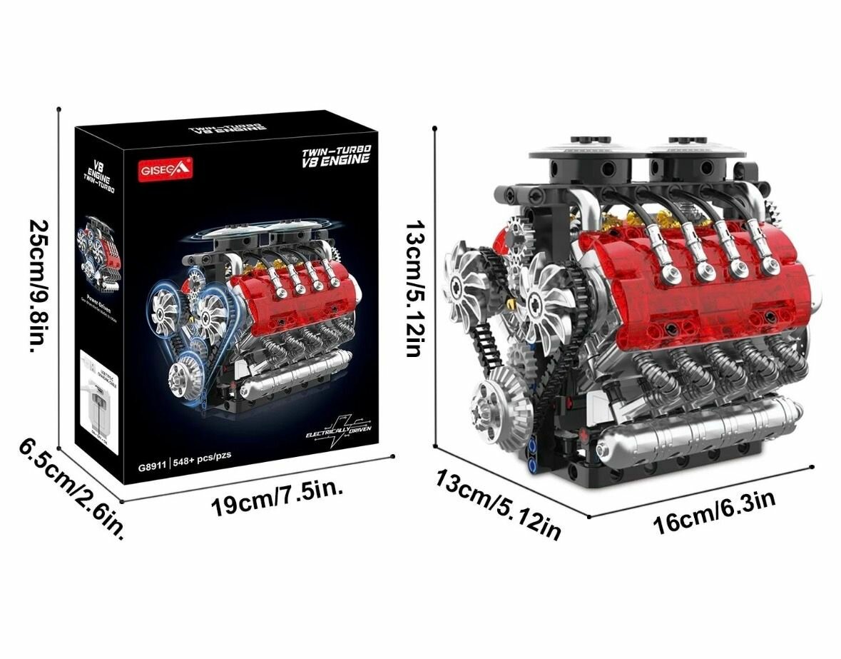 Конструктор G8911 V8-двигатель, набор для сборки мотора из 548 деталей