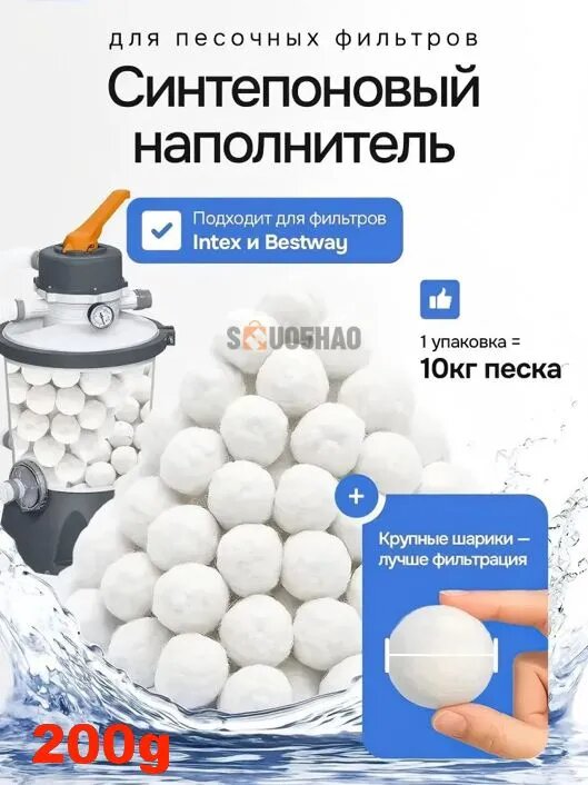 Наполнитель для песочного фильтра, песчаного фильтра, синтепоновый наполнитель шарики для бассейна / 200g