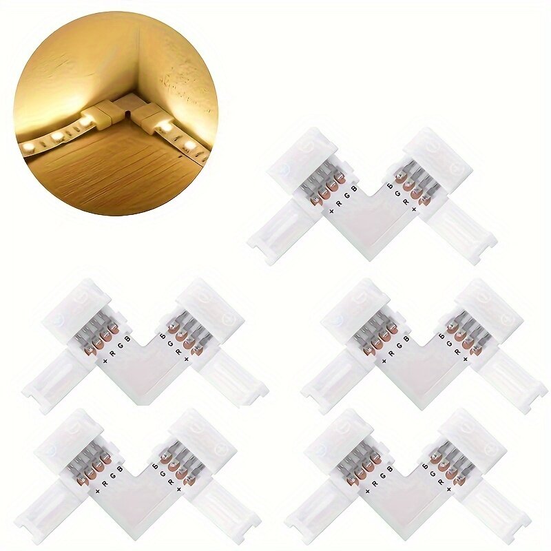 LED-коннекторы L-образные 4-контактные 10мм угловые без пайки для лент 3528/5050 RGB, 5 шт.