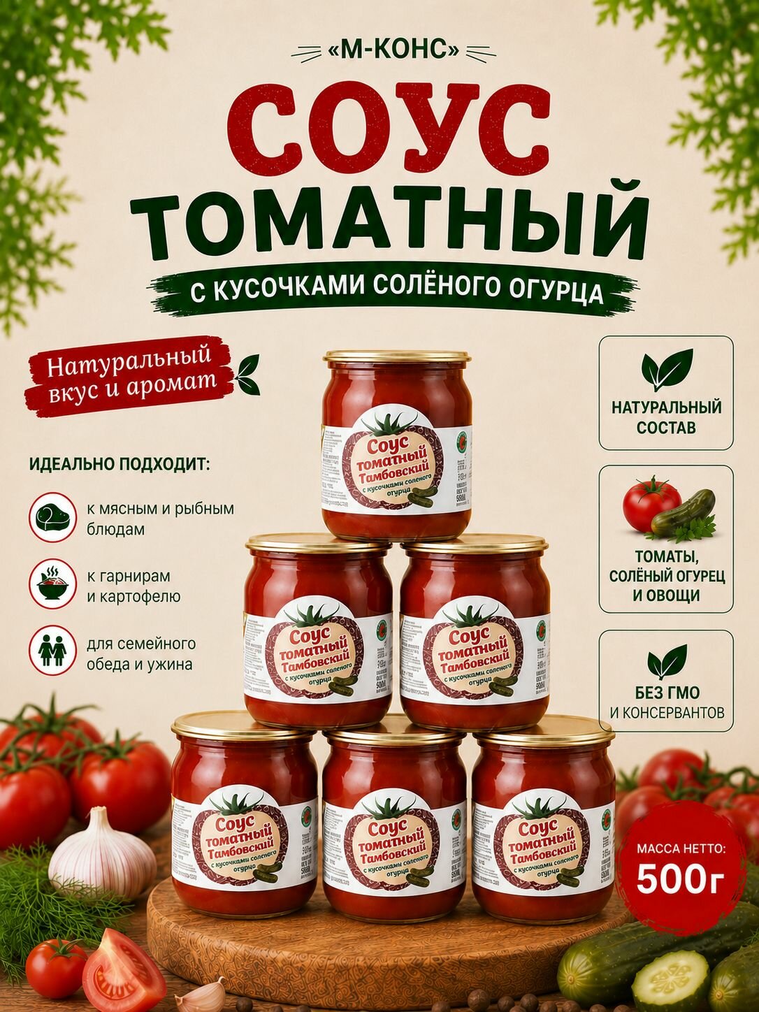 Соус томатный Тамбовский с кусочками соленого огурца, 6 шт. по 500 г
