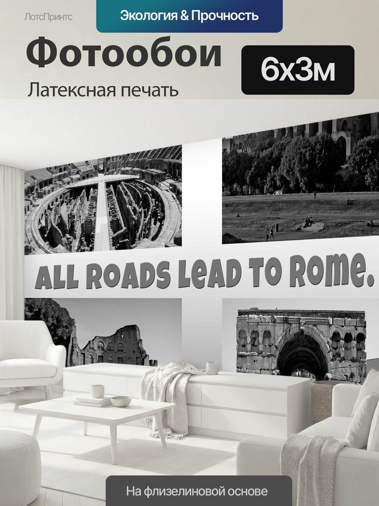 Фотообои моющиеся ударопрочные "Фраза, говоря, все дороги ведут в рим" 600x300 см. латексная печать