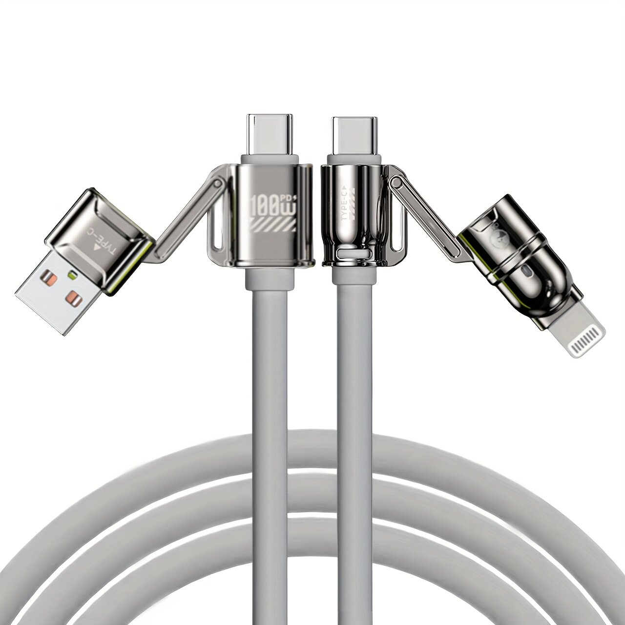 Кабель 4-в-1 100W сверхбыстрая зарядка, 1м, серый, для iPhone 8–16 Pro Max, iPad, ноутбуков, Samsung, Xiaomi, Huawei, Redmi
