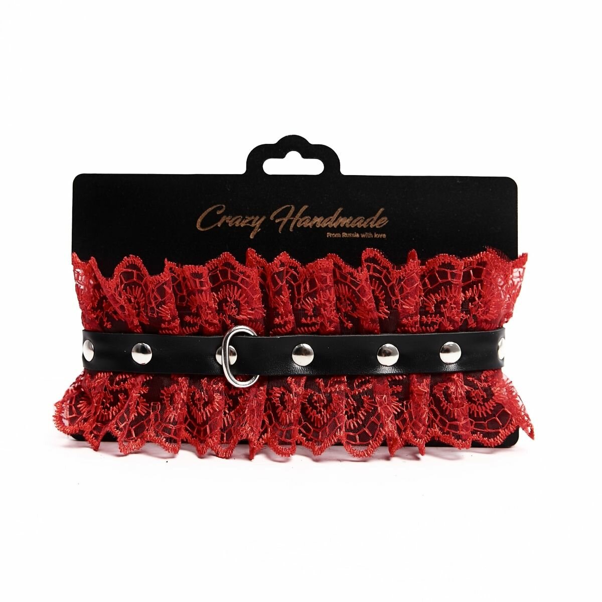 Чокер Crazy Handmade черный с красным кружевом, натуральная кожа