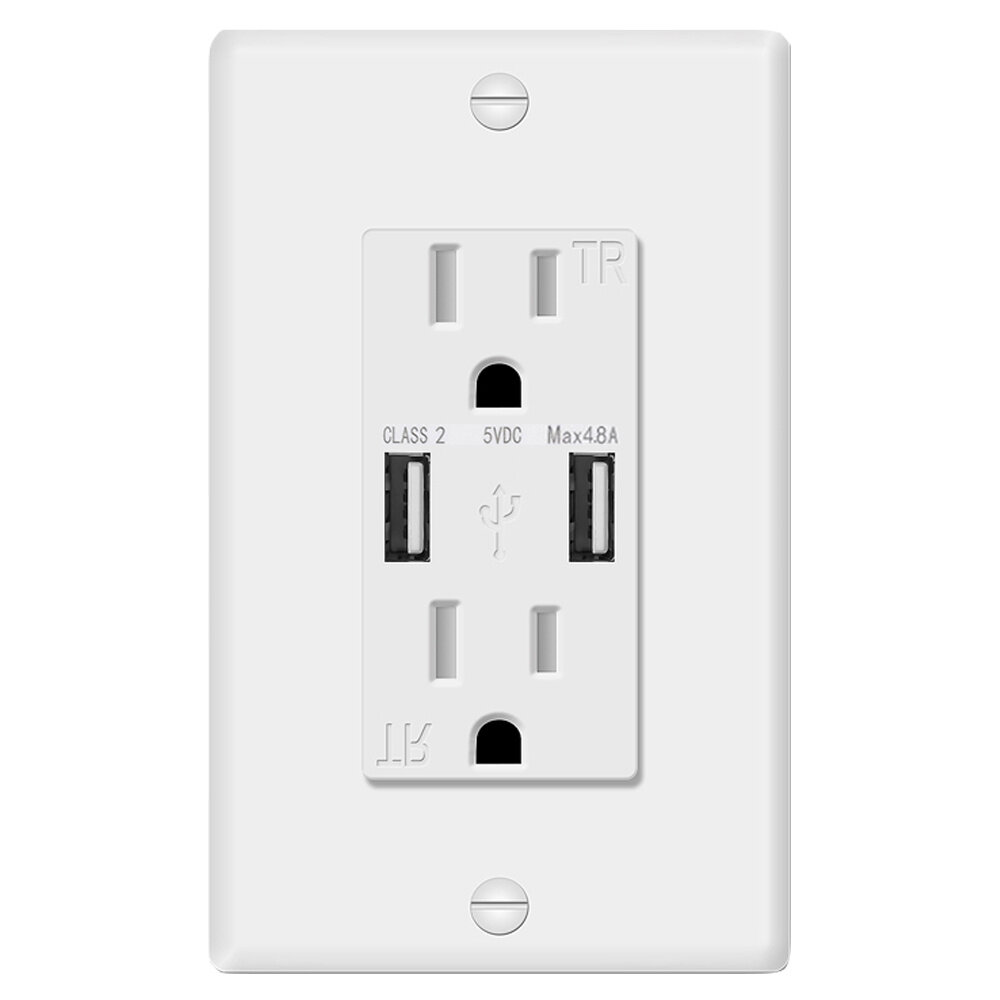 USB-розетка настенная с двумя портами USB 5V 4.8A, интеллектуальным чипом, 15A/125V, защита от детей, в комплекте с рамкой, сертифицировано ETL, белый цвет