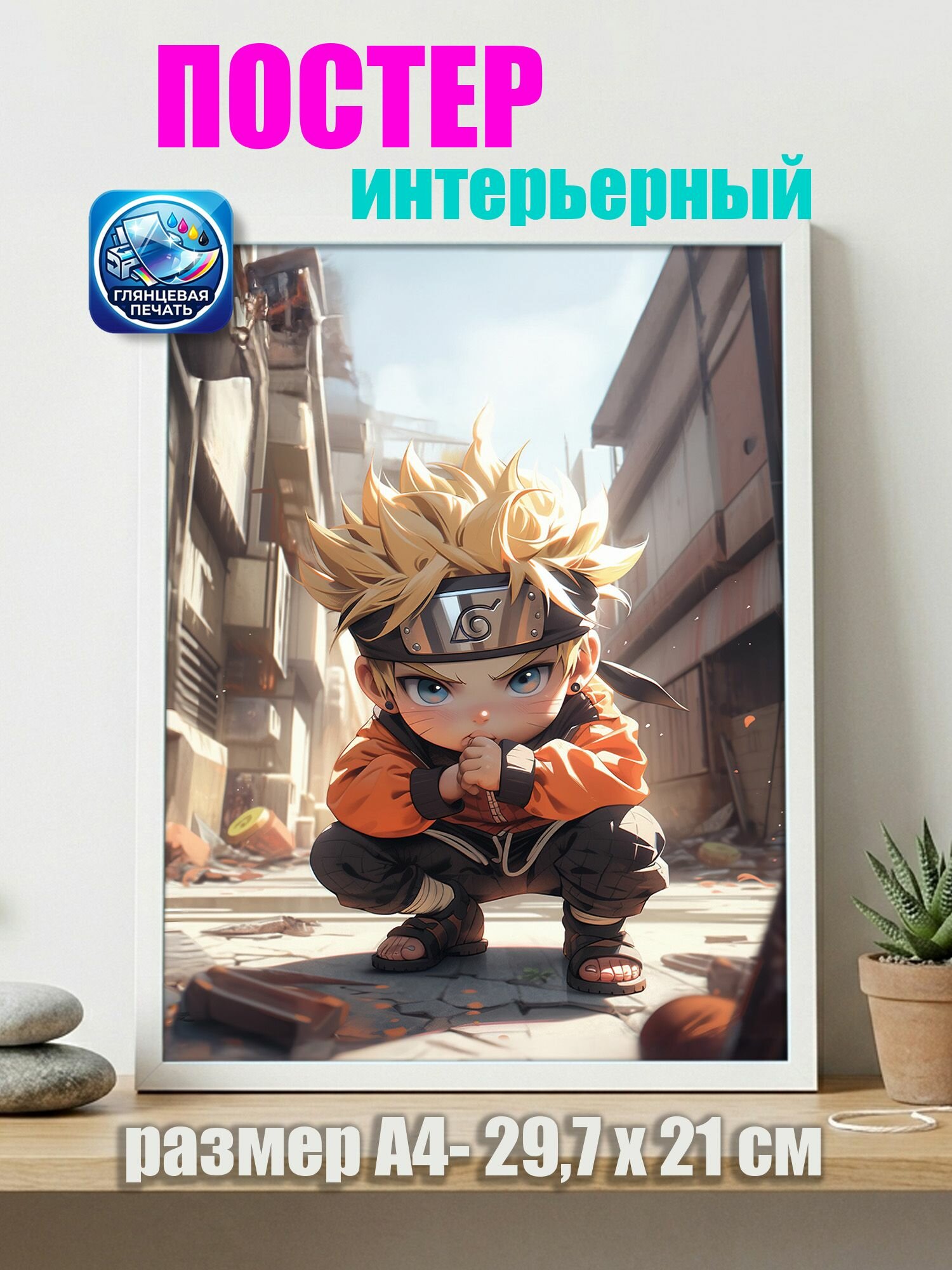 Постер Наруто (Naruto Наруто) чиби (chibi чиби) реалистичный 3D улица, плакат на стену интерьерный 21х30 см (А4)