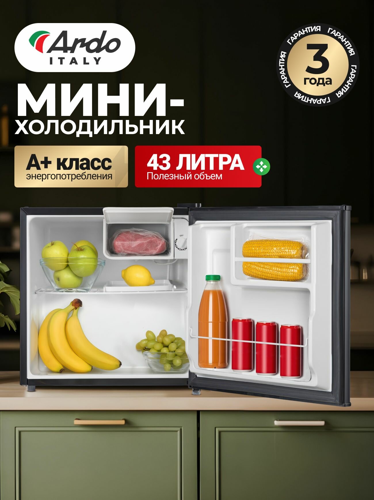 ARDO ITALY PREMIUM Холодильник маленький REA24745B2, полезный объем 43 л, класс А +, морозилка маленький для дома, офиса и дачи, черный