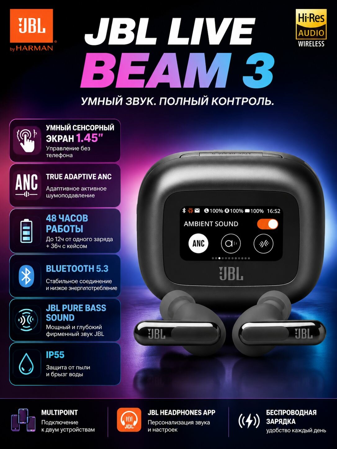Беспроводная Bluetooth-гарнитура JBL LIVE BEAM3 черного цвета с сенсорным экраном