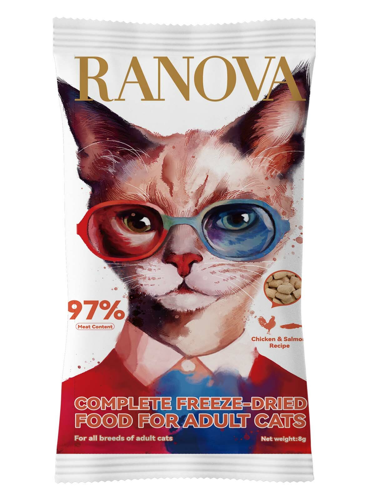Полнорационный сухой (сублимированный) корм Ranova для кошек с курицей и лососем, 8 г