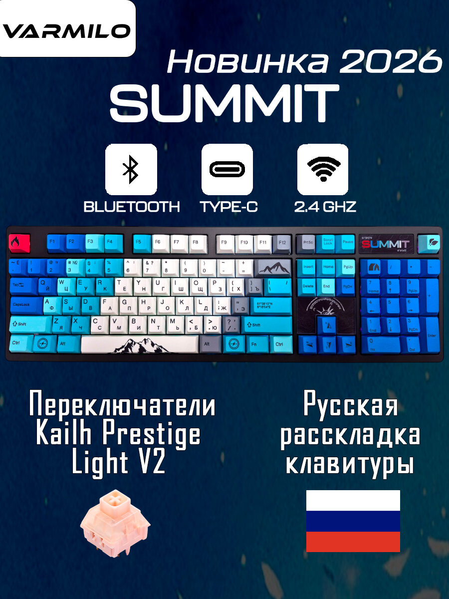 Механическая клавиатура Varmilo VA100 Summit Kailh Prestige Light V2 белый/голубой (RUS) Bluetooth/Type-C/радиоканал