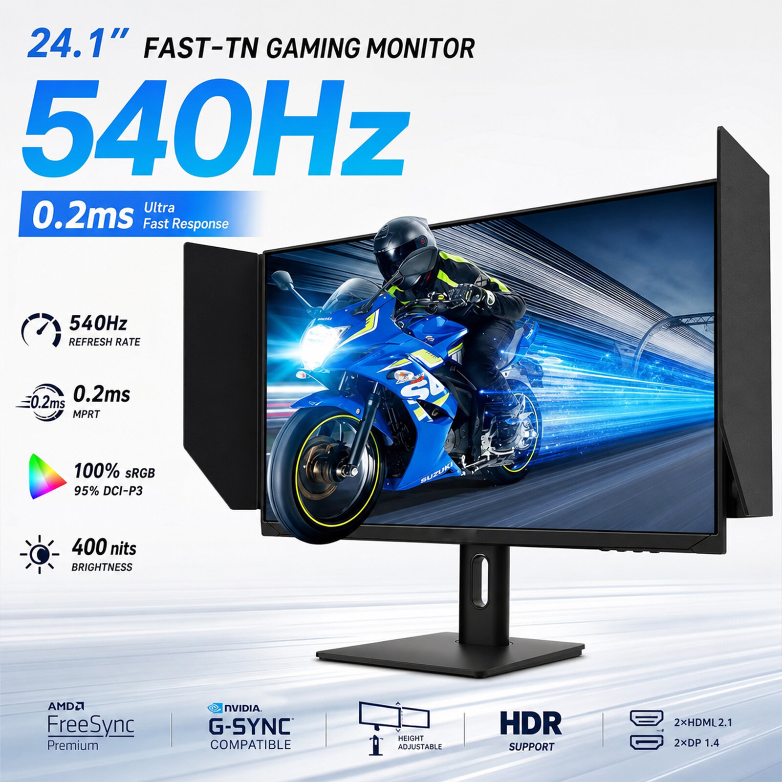 Профессиональный сверхбыстрый монитор 24.1" Full HD 1080p 540Hz 0.2ms FAST-TN с FreeSync и G-Sync, HDR, для киберспорта