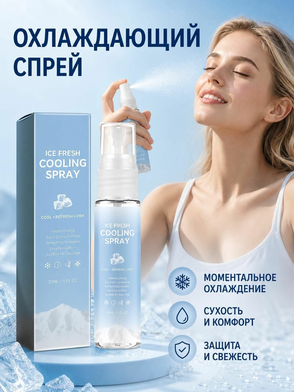 Прохладный охлаждающий спрей, летний спрей для снятия жара 30 мл