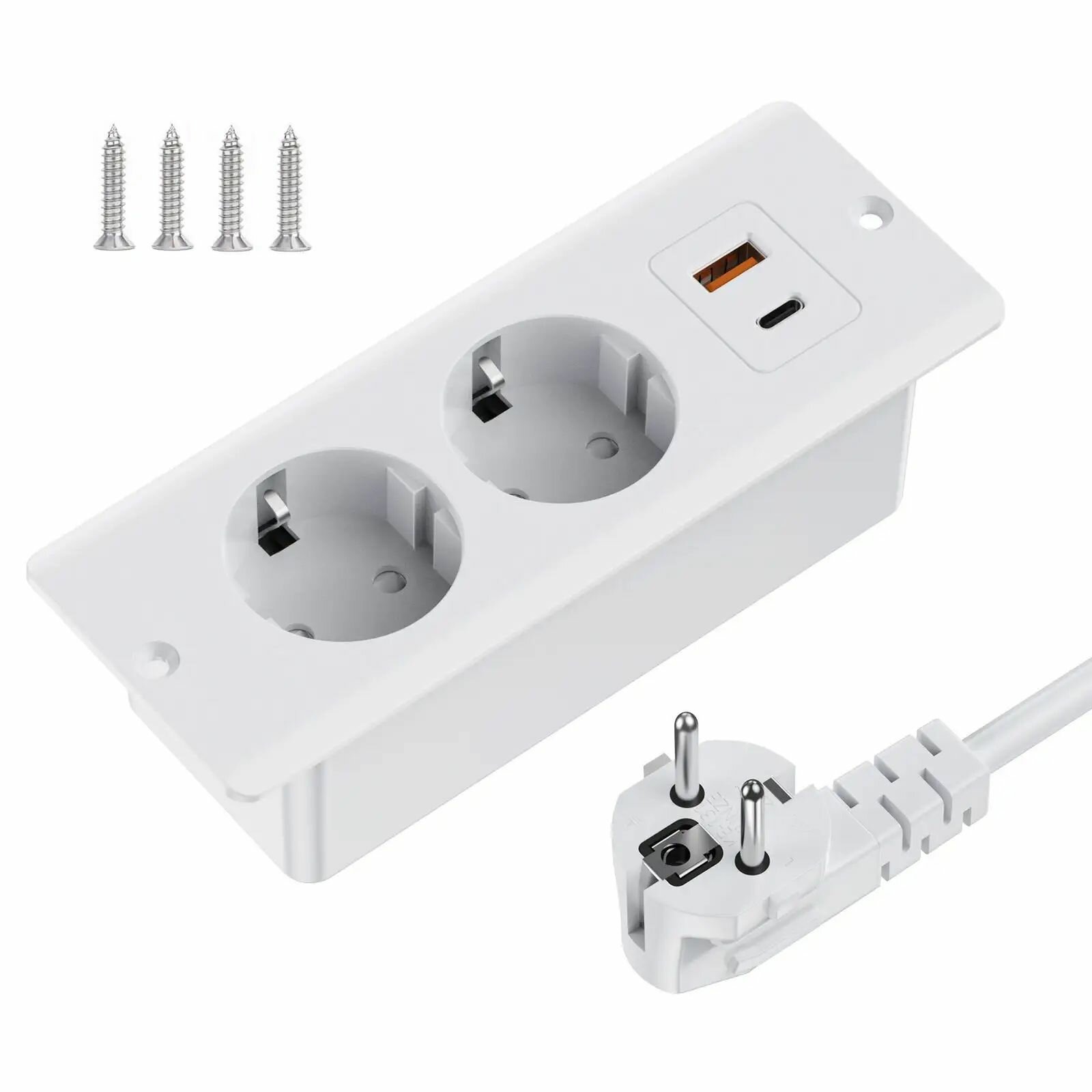 Встраиваемый удлинитель с 2 розетками и 1 USB + 1 Type-C (быстрая зарядка), встроенный монтаж, защита от перегрузки, 4000W 16A 240V, огнестойкий, кабель 2 м