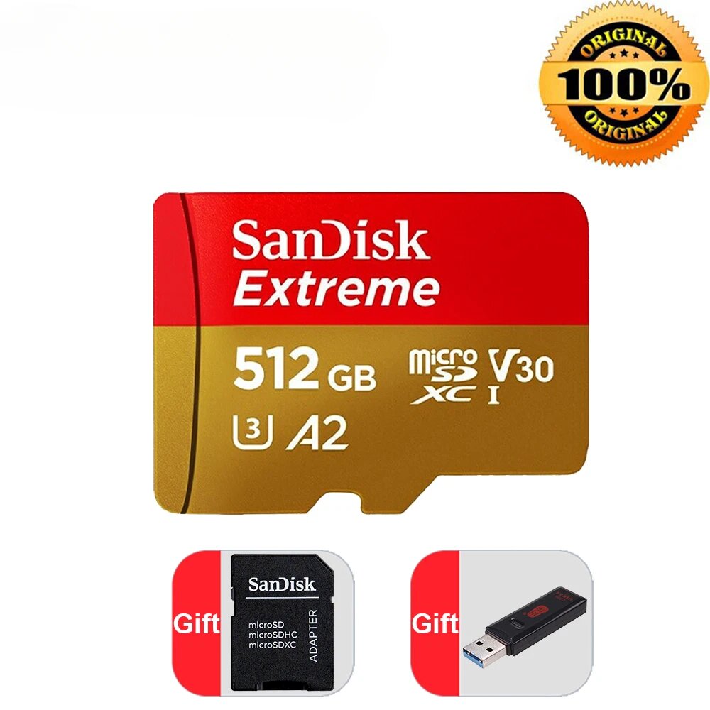 SanDisk Extreme 512GB MicroSD A2 V30 карта памяти + адаптер, подарок