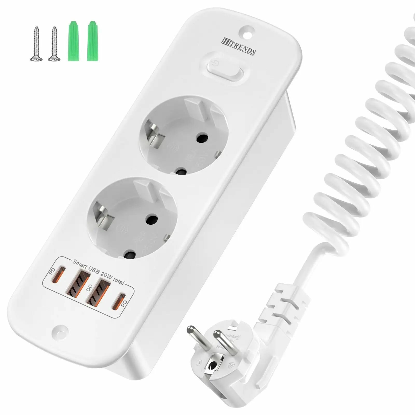 Удлинитель с 2 евророзетками, 2 USB и 2 Type-C (белый), 250V 16A, 4000W, пружинный кабель 2м, быстрая зарядка, защита от перегрузки, огнестойкий