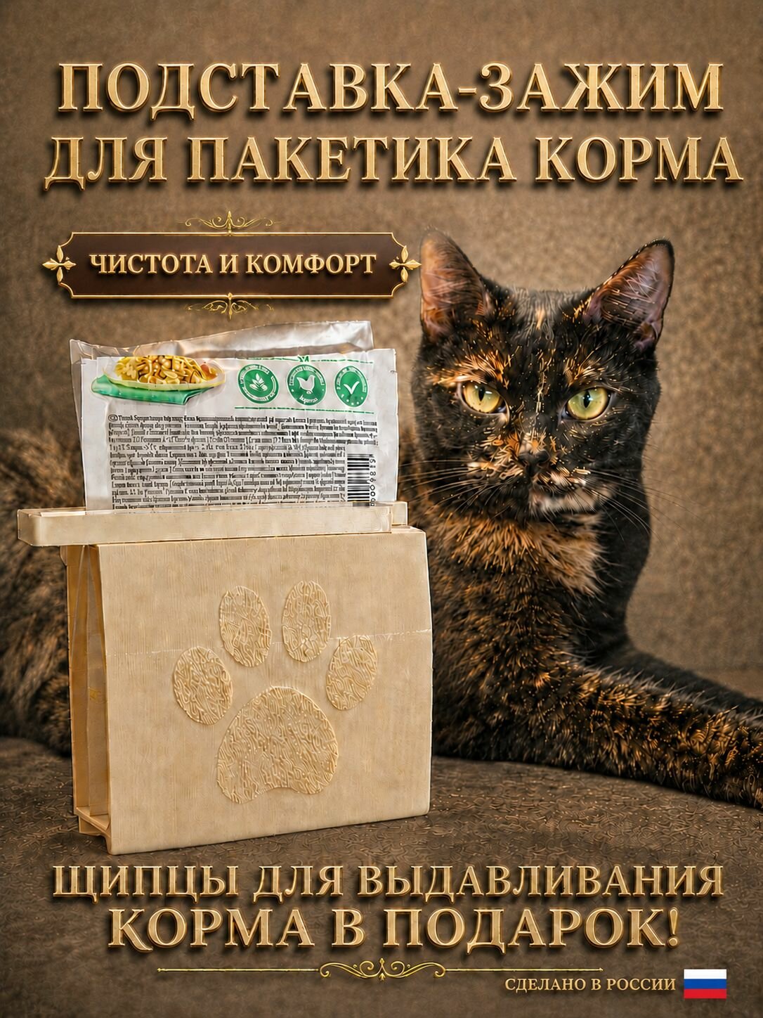 Подставка-зажим и щипцы для влажного корма бежевая