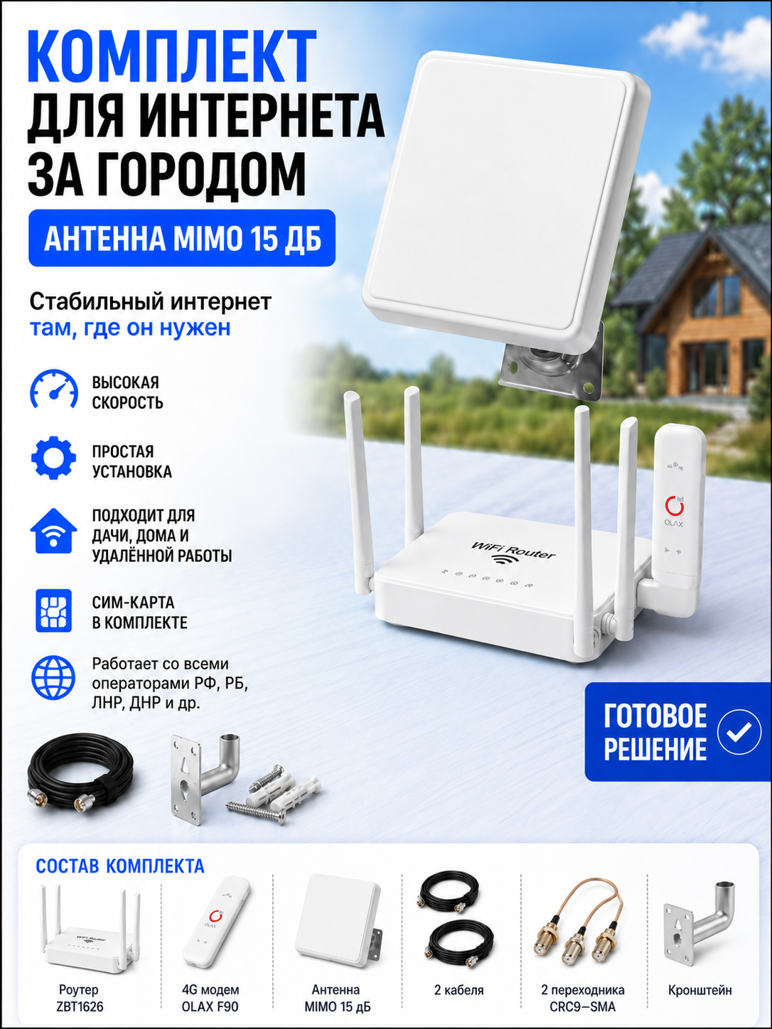 Готовый комплект для усиления мобильного 3G 4G LTE интернета для дачи, за город с 4G Модемом и WiFi Роутером + Cим карта с Интернетом