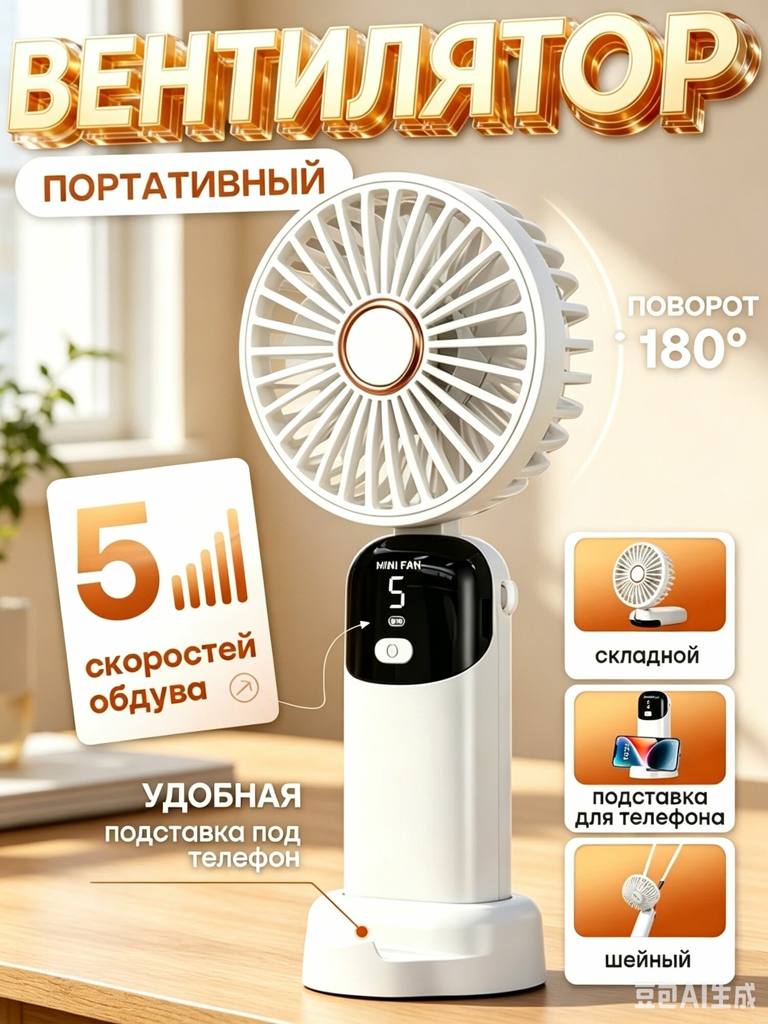 Портативный ручной вентилятор, складной, настольный вентилятор, подходит для офиса и улицы, с держателем для мобильного телефона и зарядкой Type-C, белый