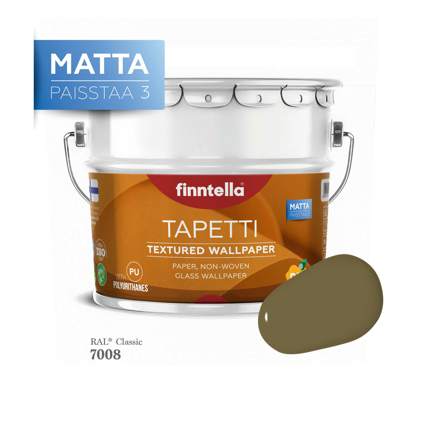 Матовая краска для обоев под окраску TAPETTI Matta FINNTELLA, Цвет RAL 7008 Серое хаки (Khaki grey), 9л