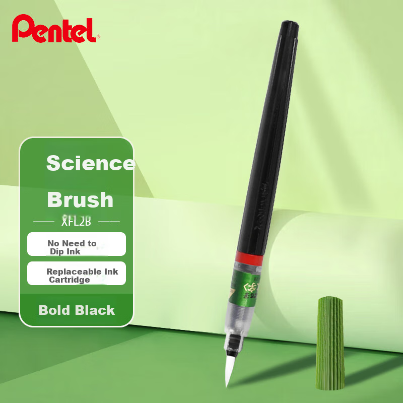 Pentel XFL2B Black Calligraphy Brush Pen with Soft Hair for Large Regular Script Writing and Practice, Refillable