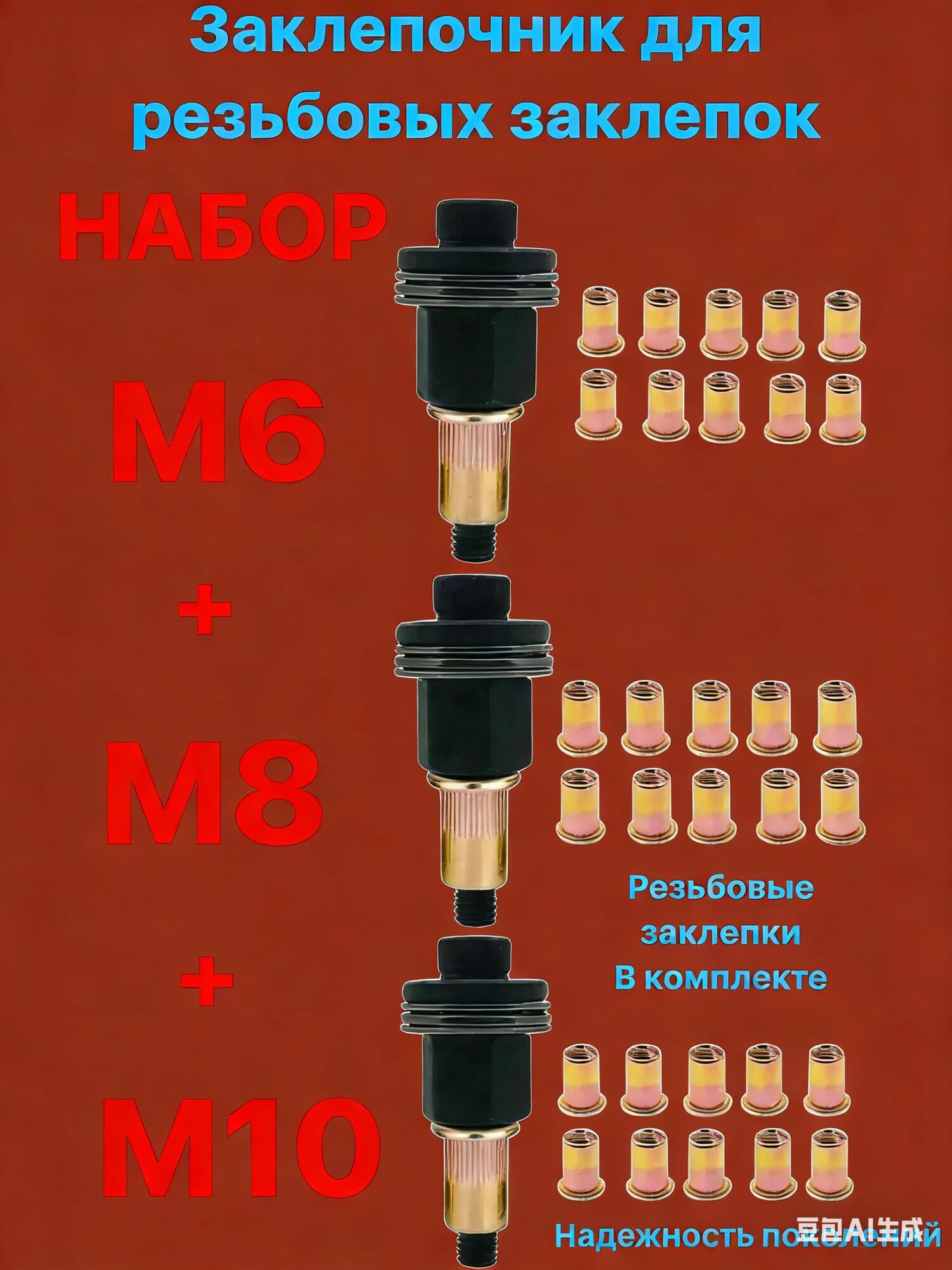 Установить резьбовые заклепки M6, M8, M10 10 шт.